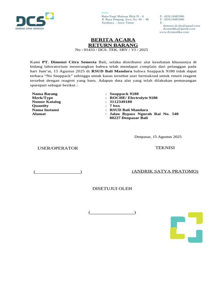Berita Acara Return Barang Rs Bali Mandara - 24062025 | PDF