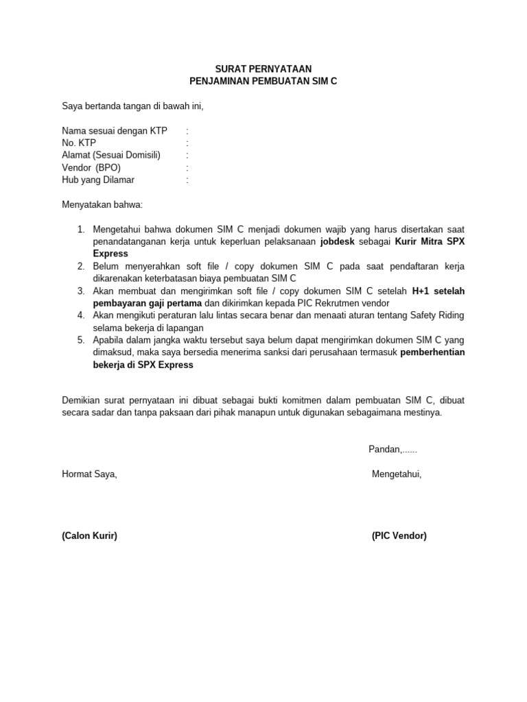 Surat Pernyataan Penjamin Pembuatan Simc | PDF