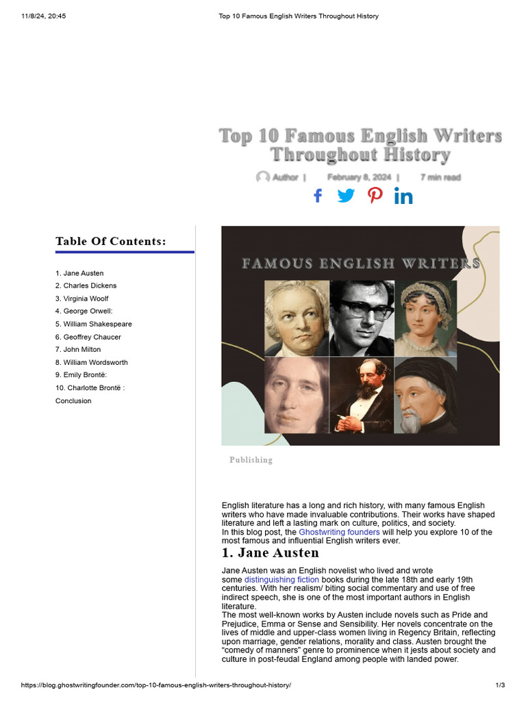 Top 10 Famous English Writers Throughout History | PDF | English ...