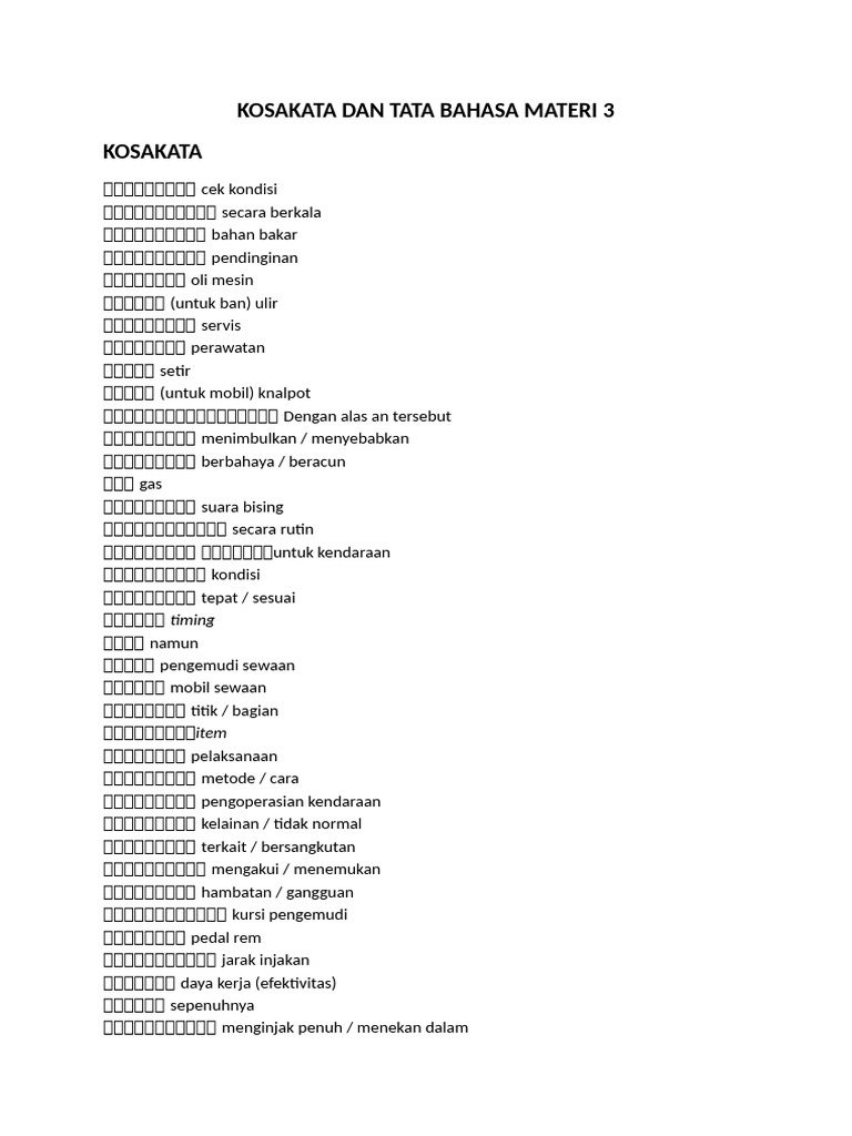 Kosakata Dan Tata Bahasa Materi Cek Kondisi | PDF