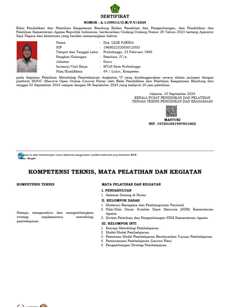 Sertifikat Pelatihan Metodologi Pembelajaran 11-09-2024 | PDF