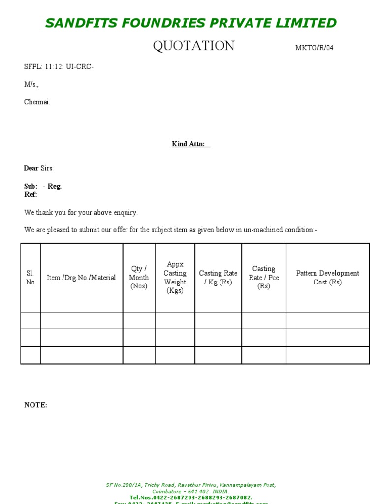 Sandfits Foundries Quotation Details | PDF | Payments | Government