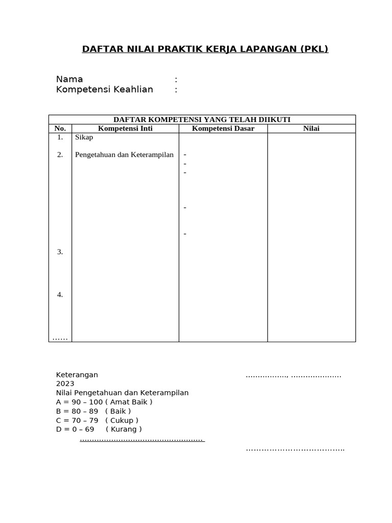 Form Nilai Sertifikat PKL'22 | PDF