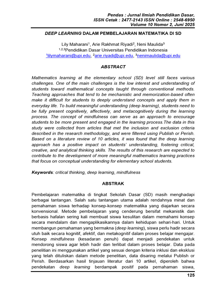 pembelajaran deep learning dalam matematika | PDF