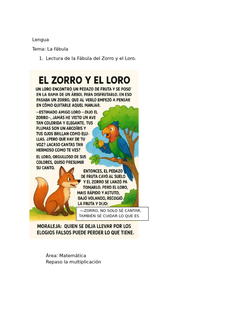 Lengua Tema: La Fábula 1. Lectura de La Fábula Del Zorro y El Loro | PDF