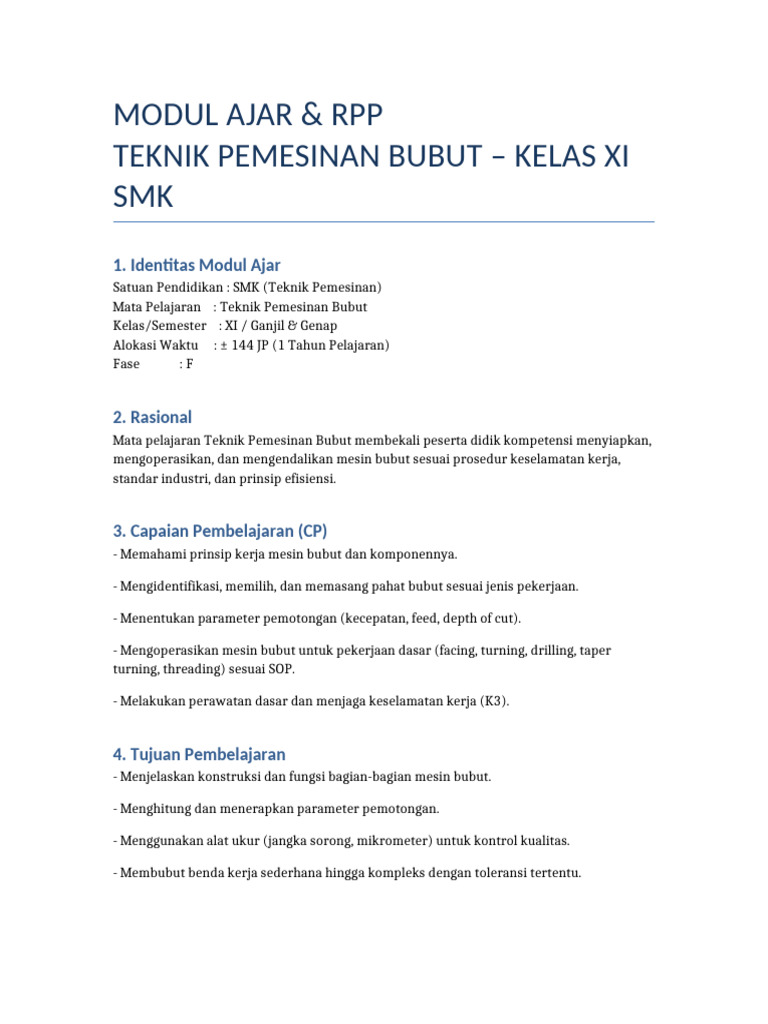 Modul Ajar RPP Teknik Pemesinan Bubut | PDF