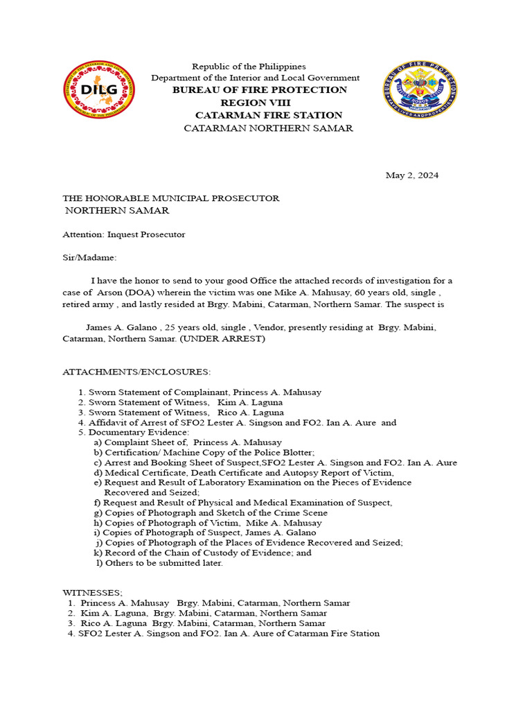 Arson Case Report: Mahusay vs. Galano | PDF | Affidavit | Criminal Justice