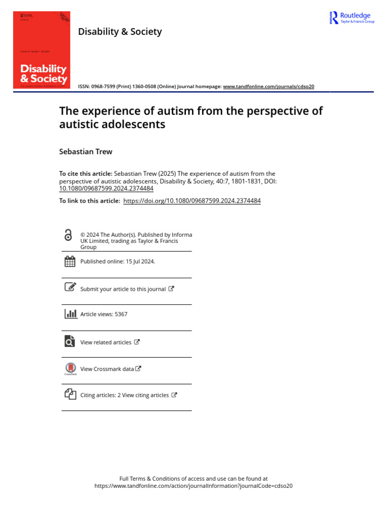 The Experience of Autism From The Perspective of Autistic Adolescents ...