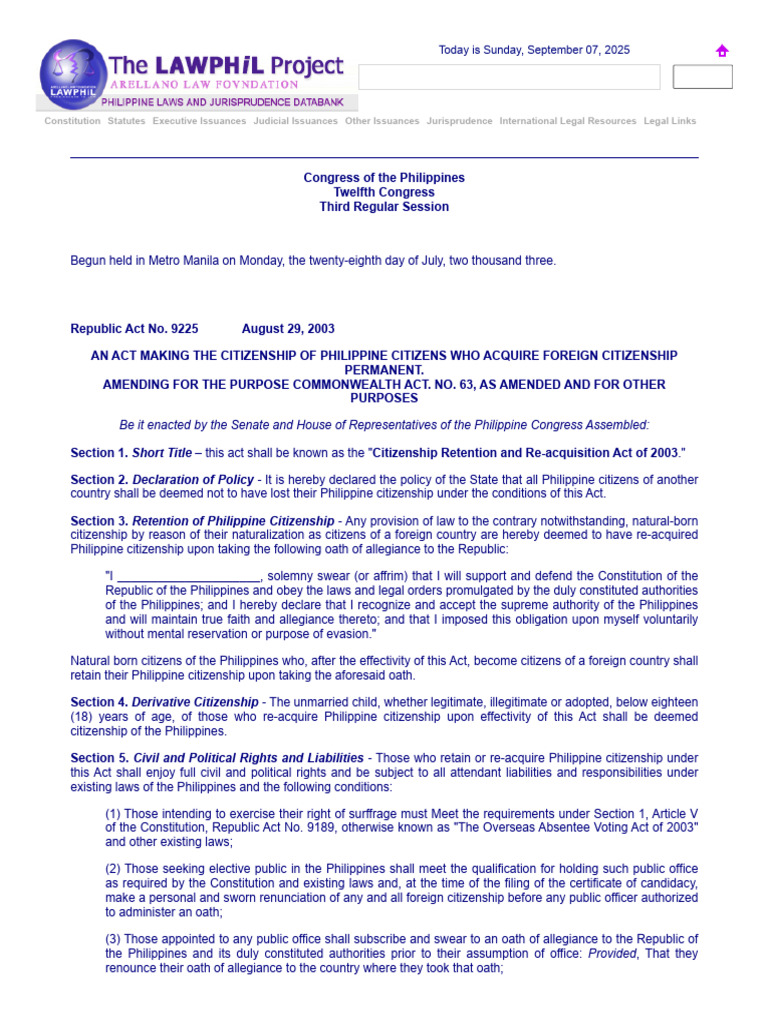 Republic Act 9225 | PDF | Citizenship | Allegiance