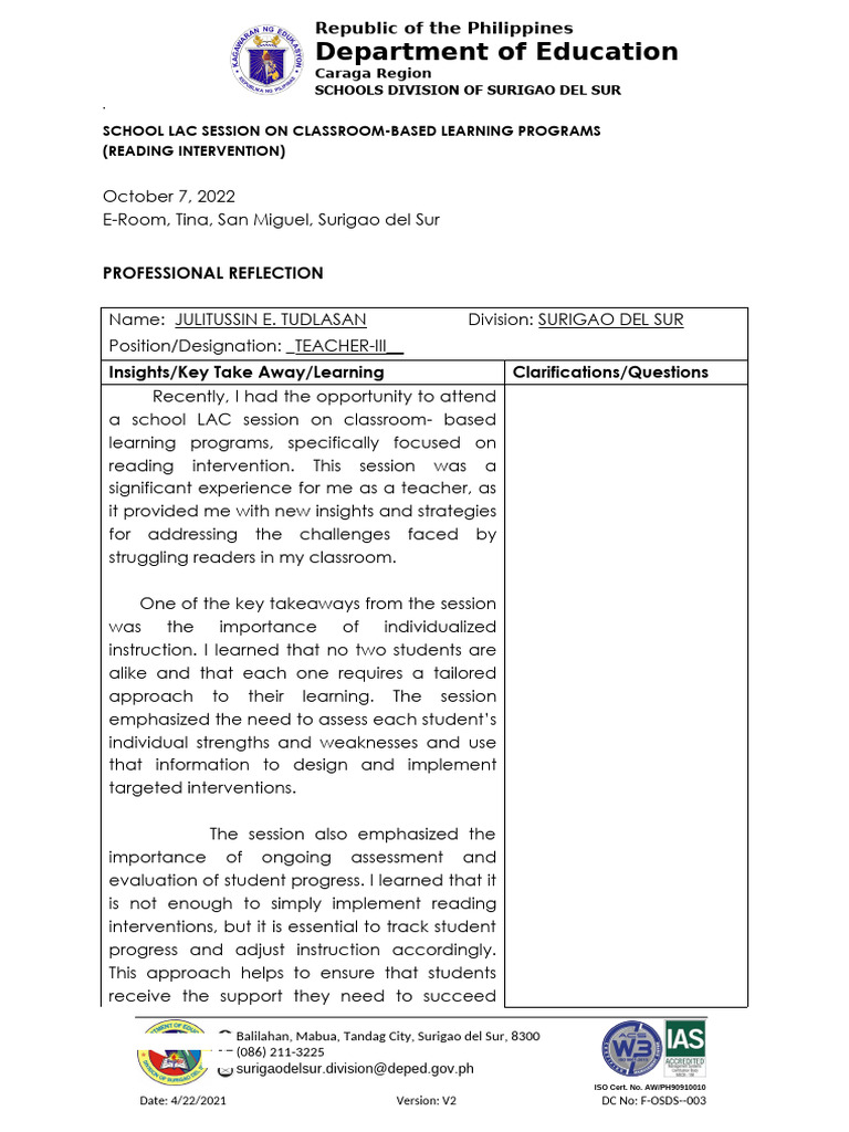 Reflection School Lac Session | PDF | Procedural Knowledge | Teaching