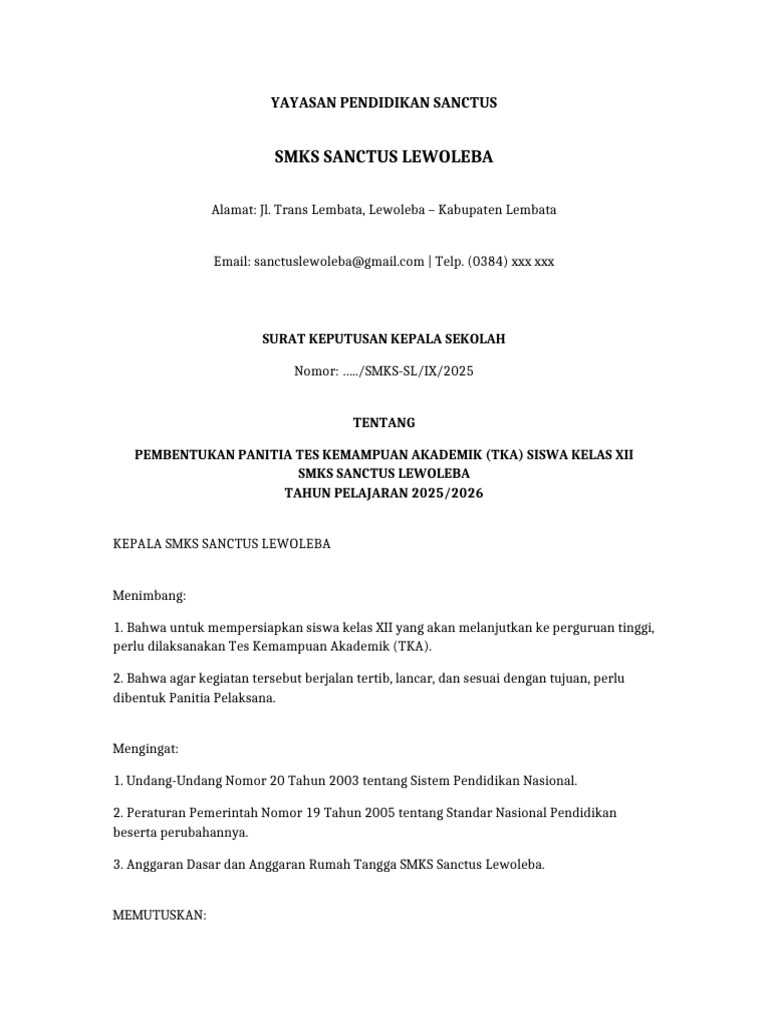 SK Panitia TKA SMKS Sanctus 2025 Lengkap | PDF