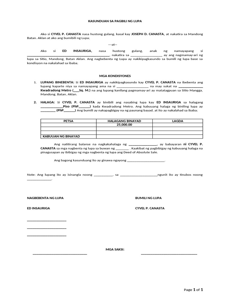 Kasunduan Sa Pagbili NG Lupa Sample | PDF