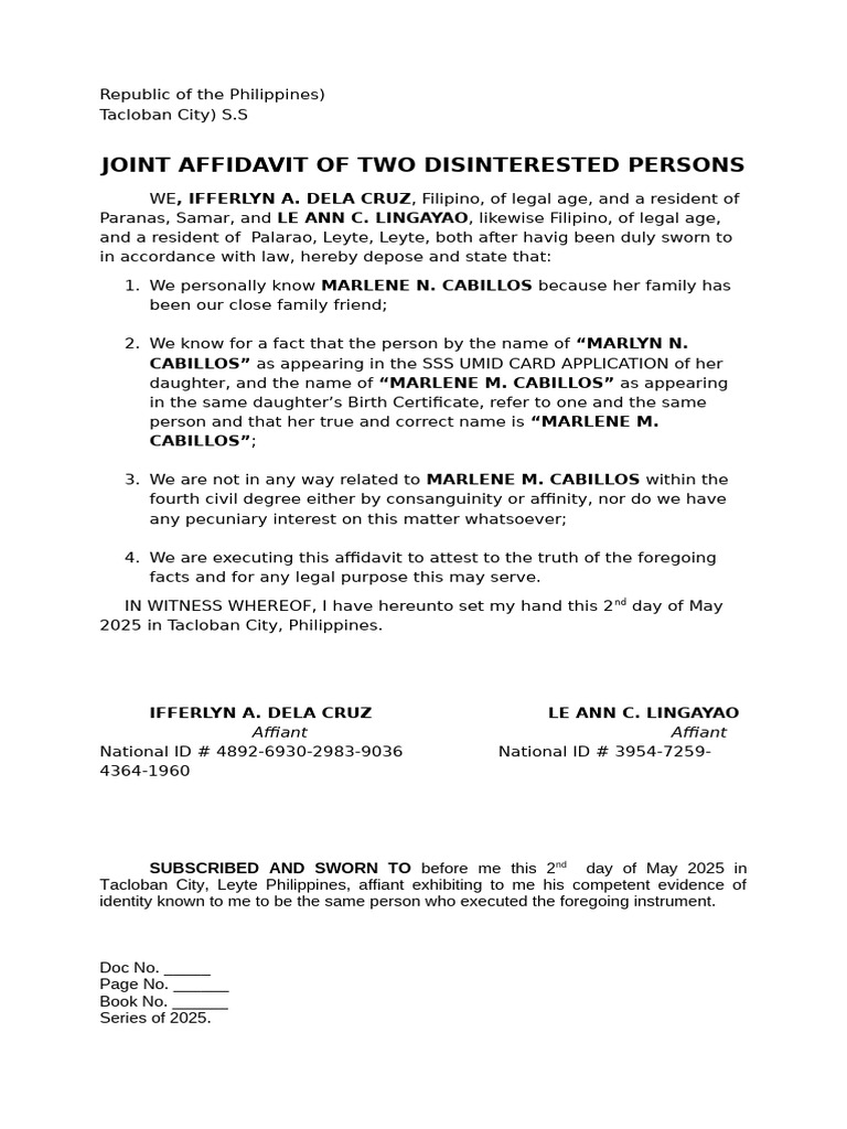 Joint Affidavit of Disinterested Persons | PDF