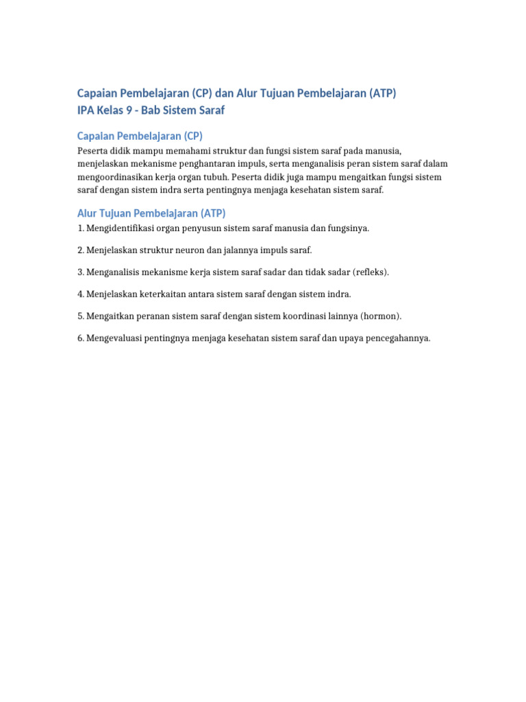 Pembelajaran Sistem Saraf Kelas 9 | PDF