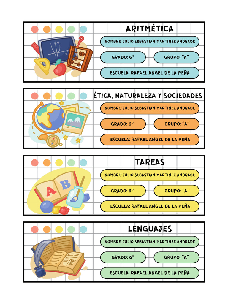 Etiquetas Escolares para Cuadernos Ilustrativas Colorida | PDF