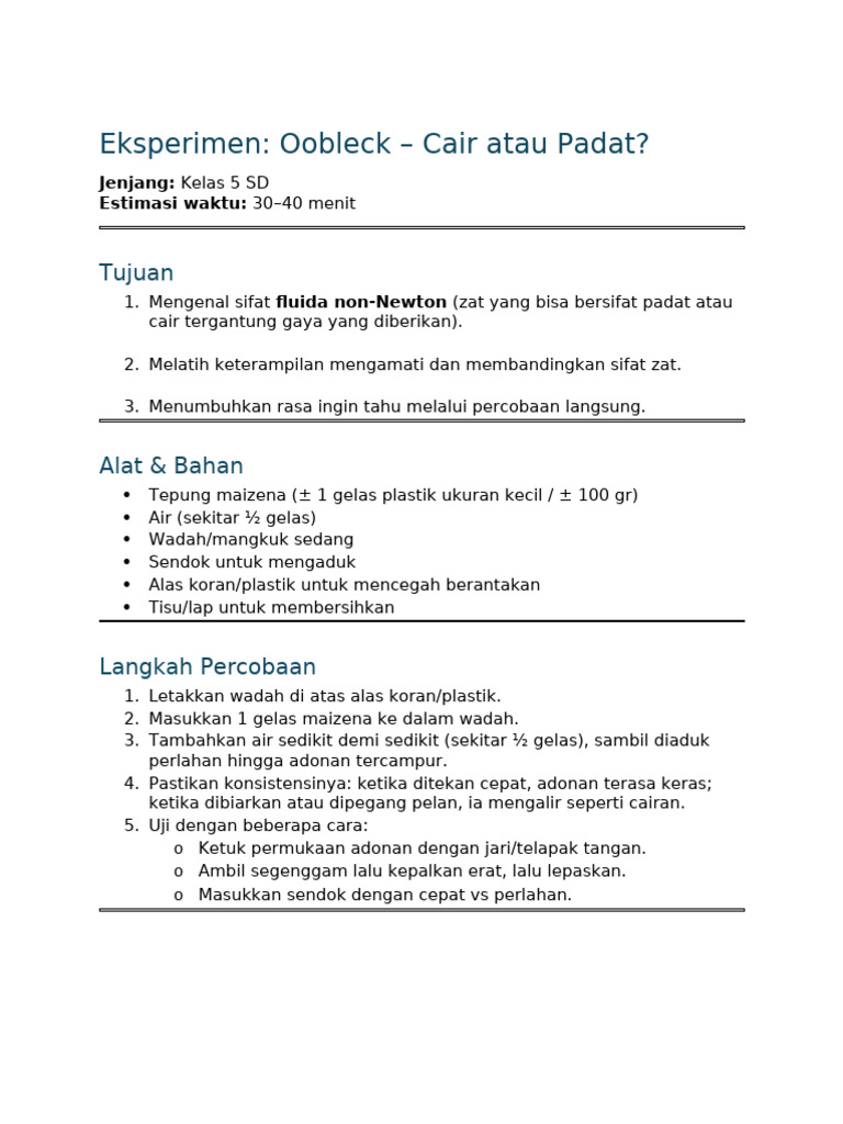 Worksheet Eksperimen Oobleck Kelas 5 | PDF