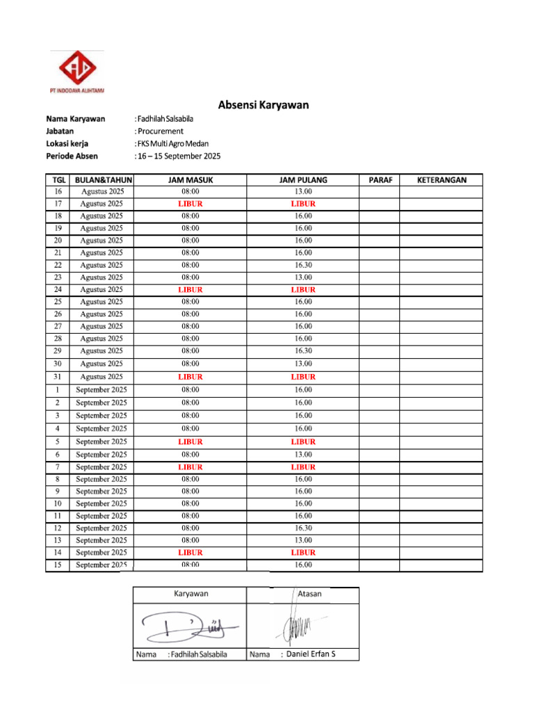 Absensi Fadhila (September 2025) | PDF