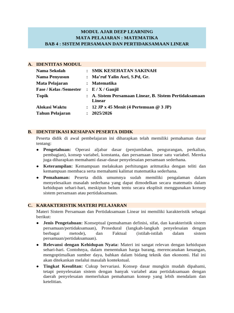 Modul Ajar SPL dan SPtL Matematika | PDF