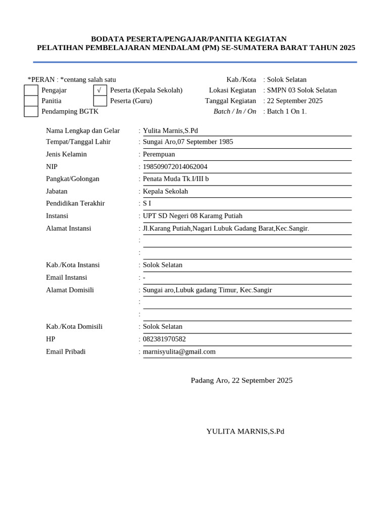 Form Biodata - Pelatihan Pm Sumbar 2025 (1) | PDF