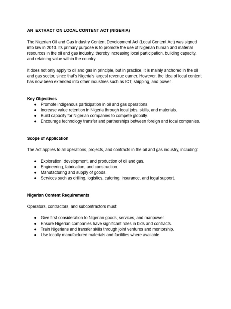 Nigeria's Local Content Act Overview | PDF