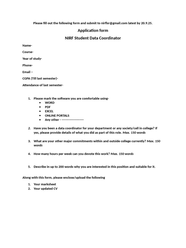 NIRF Student Data Coordinator Application | PDF