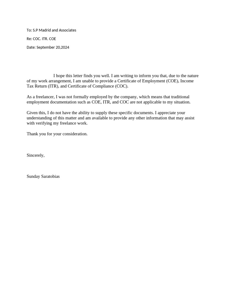 Letter For COE, ITR. COC | PDF