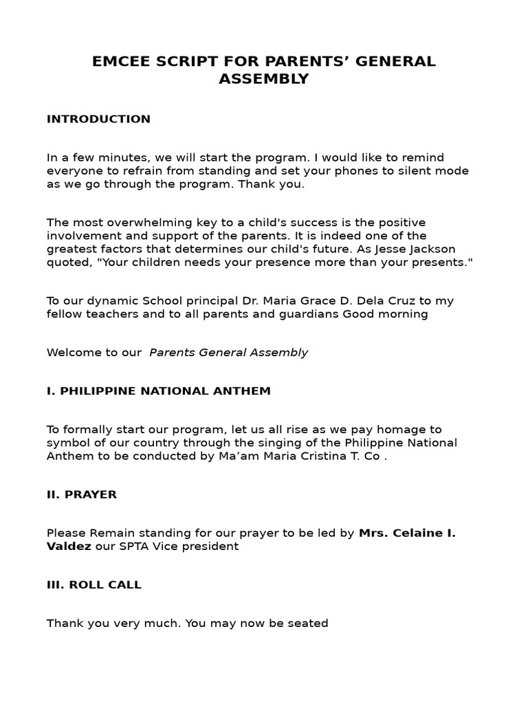 Emcee Script For Parents General Assembly | PDF