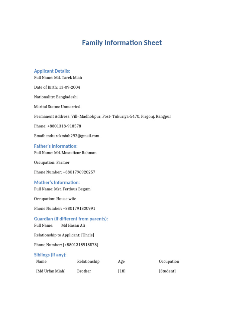 Family Information Sheet COMPLETED | PDF
