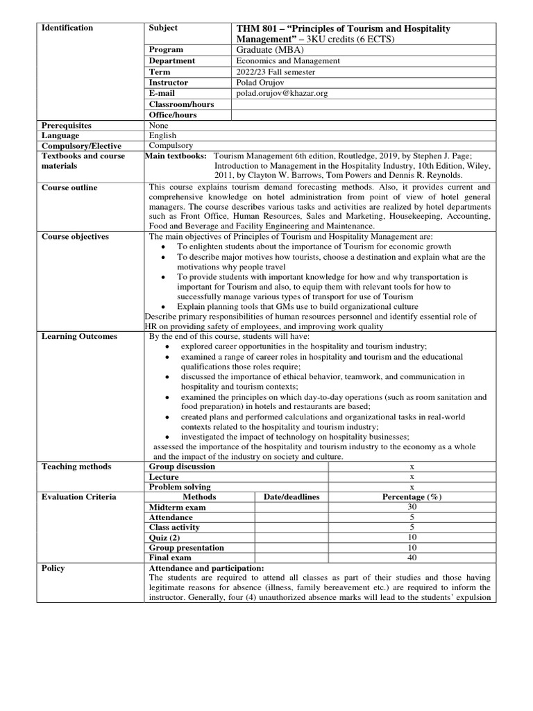 Principles of Tourism & Hospitality Management | PDF | Tourism ...