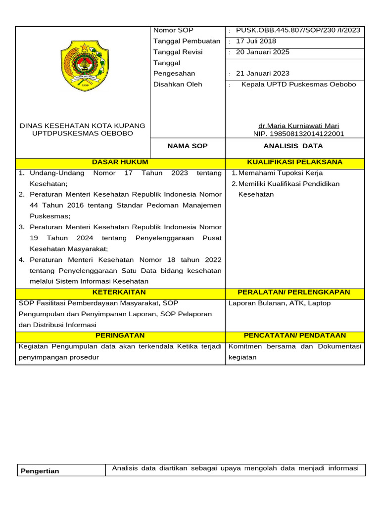 SOP Analisis Data Puskesmas Oebobo | PDF
