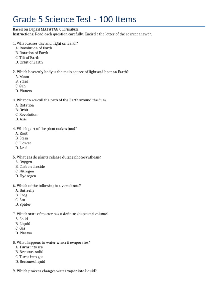 Grade 5 Science Test Questions | PDF | Earth | Water