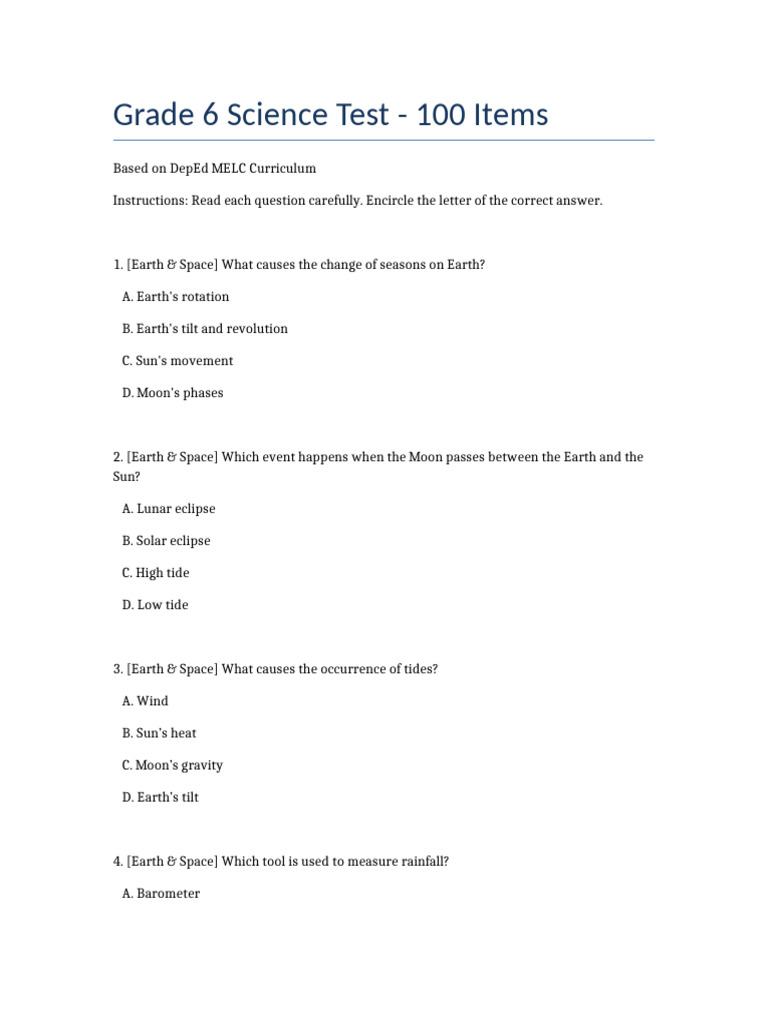 Grade 6 Science Test: 100 Questions | PDF | Tide | Moon