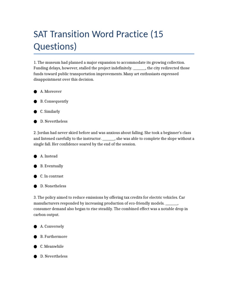SAT Transition Word Practice Quiz | PDF