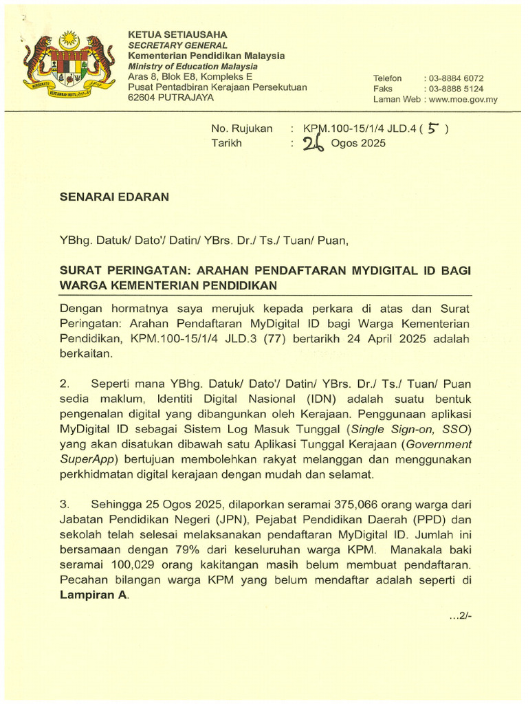 Surat Peringatan Arahan Pendaftaran MyDigital ID Rujukan KPM 100 | PDF