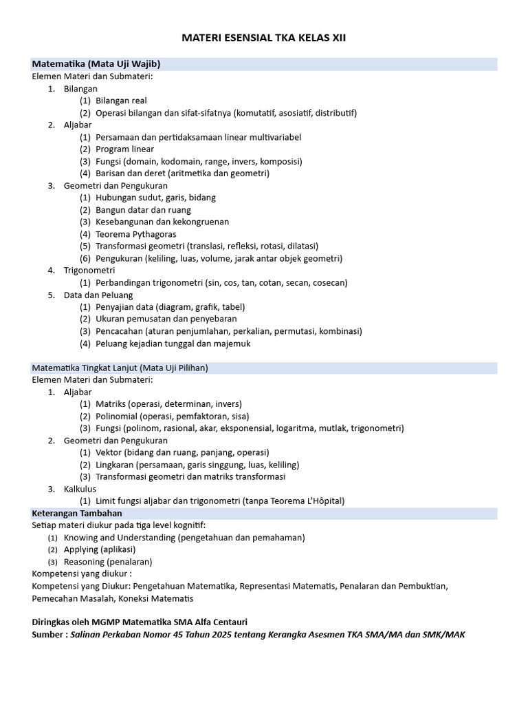 Materi Esensial Tka Kelas Xii | PDF