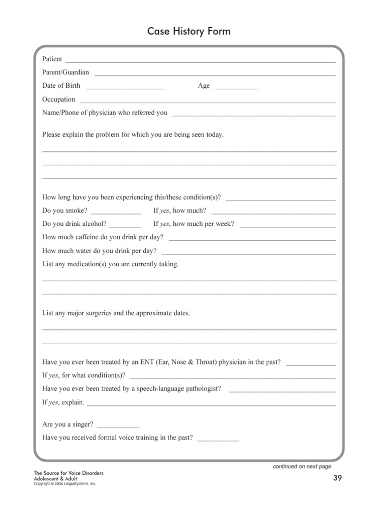 Case History Form for Voice Disorders | PDF | Diseases And Disorders ...