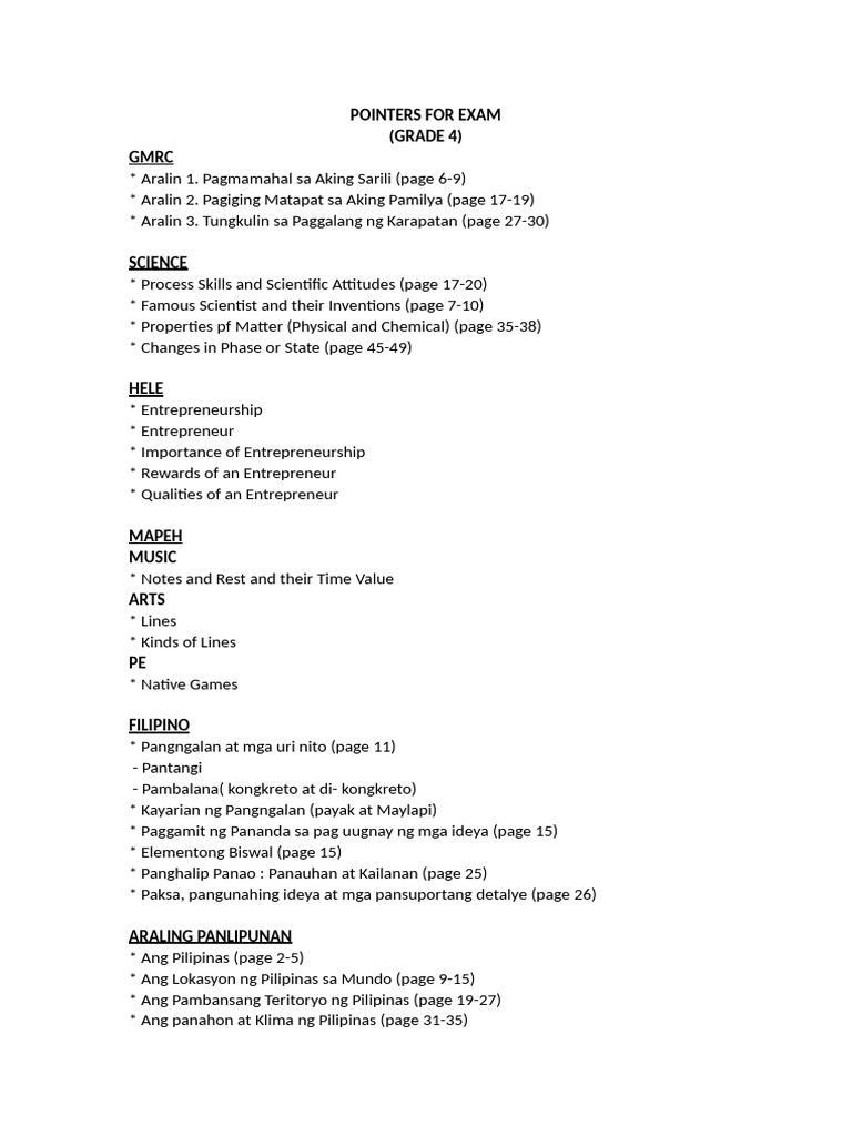 Grade 4 Exam Study Guide | PDF