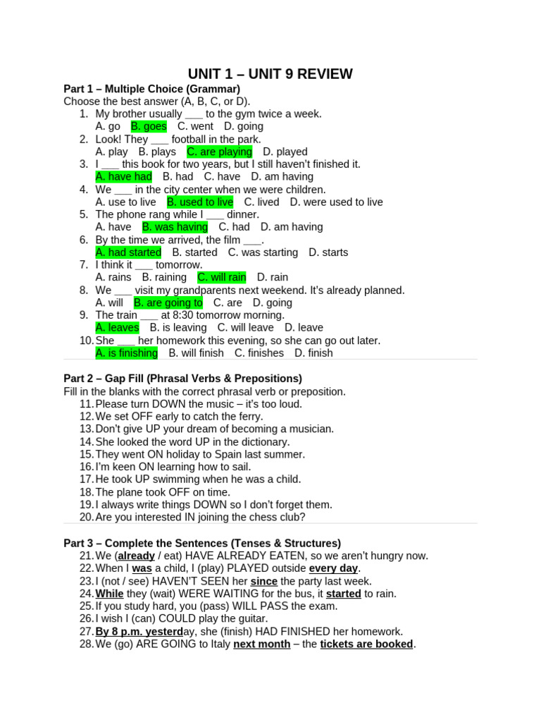 U1-U9 Review Destination B1 | PDF | Grammar | Linguistics