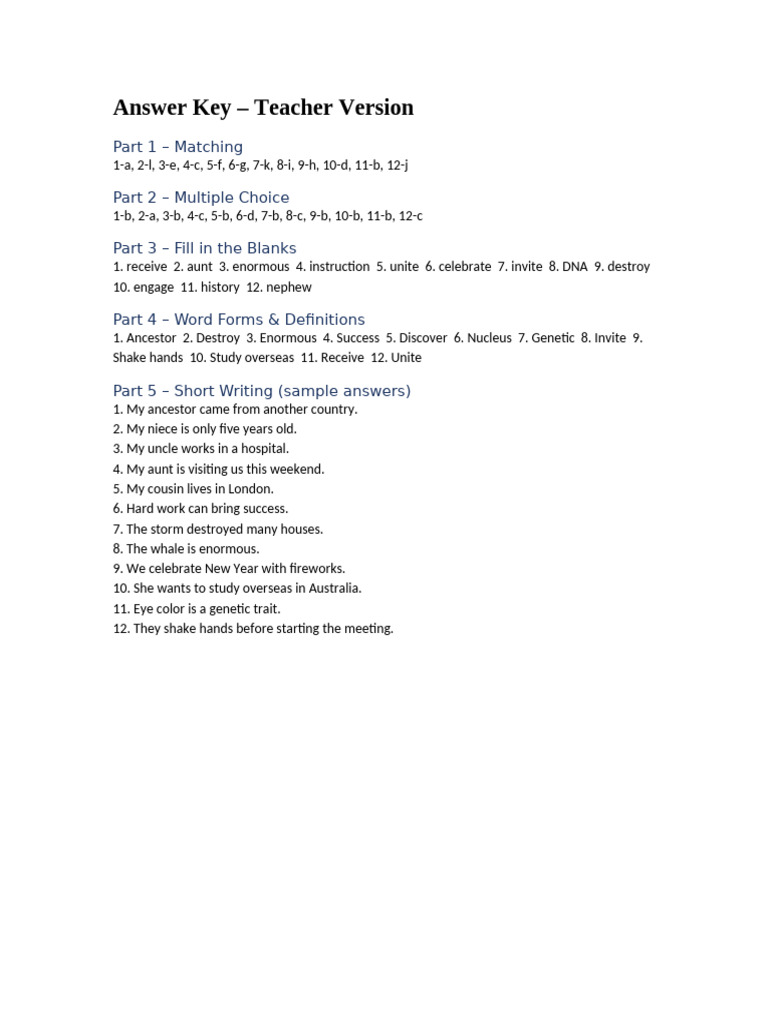 Answer Key Vocab + Grammar Unit 1 Test | PDF