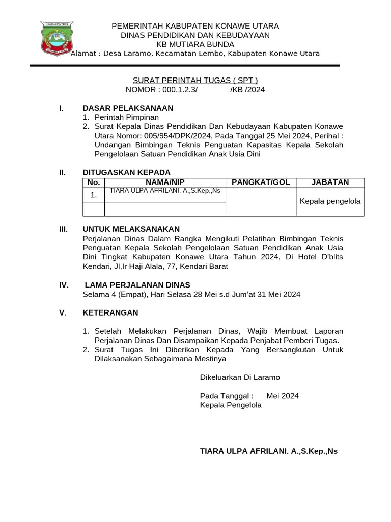 Surat Perintah Tugas KB Mutiara | PDF