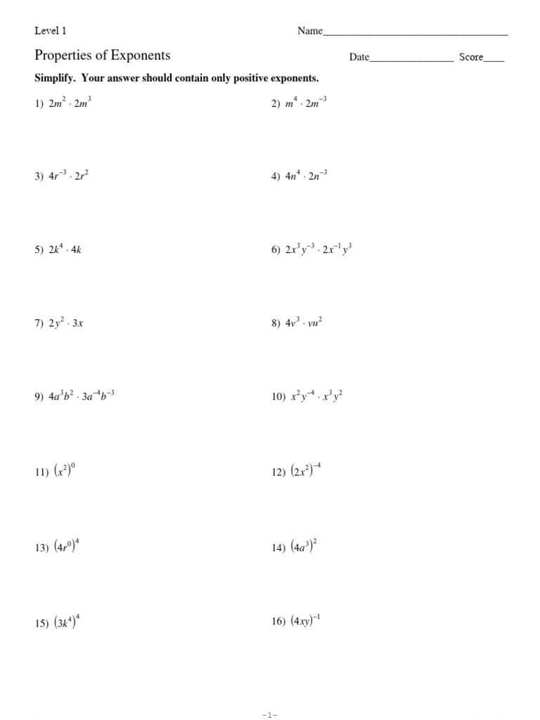 Properties of Exponents Worksheet | PDF