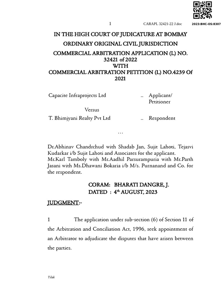 Capacite Infraprojects Vs T Bhimjyani Realty PVT LTD | PDF ...
