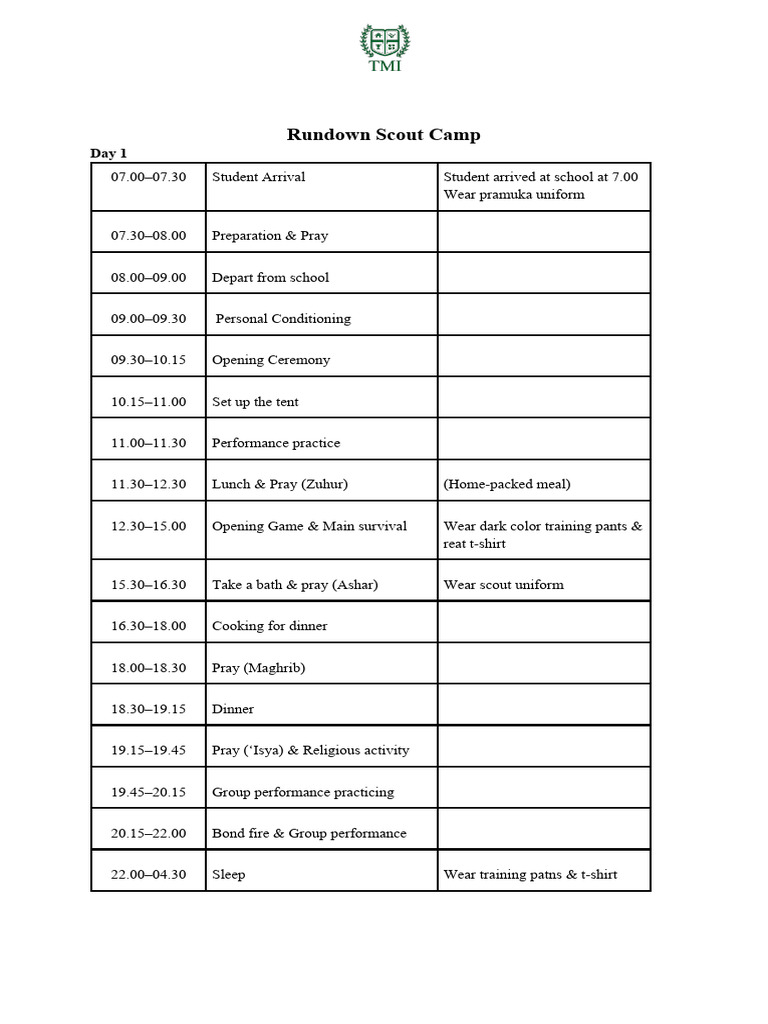 Scout Camp Day 1 & 2 Itinerary | PDF