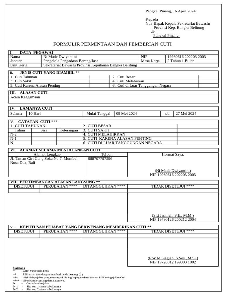 Form Cuti Sesuai Perka BKN | PDF
