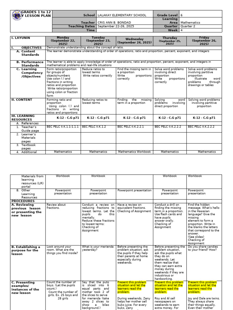 DLL_MATH6_Q2_W4_2025-2026 | PDF | Ratio | Learning