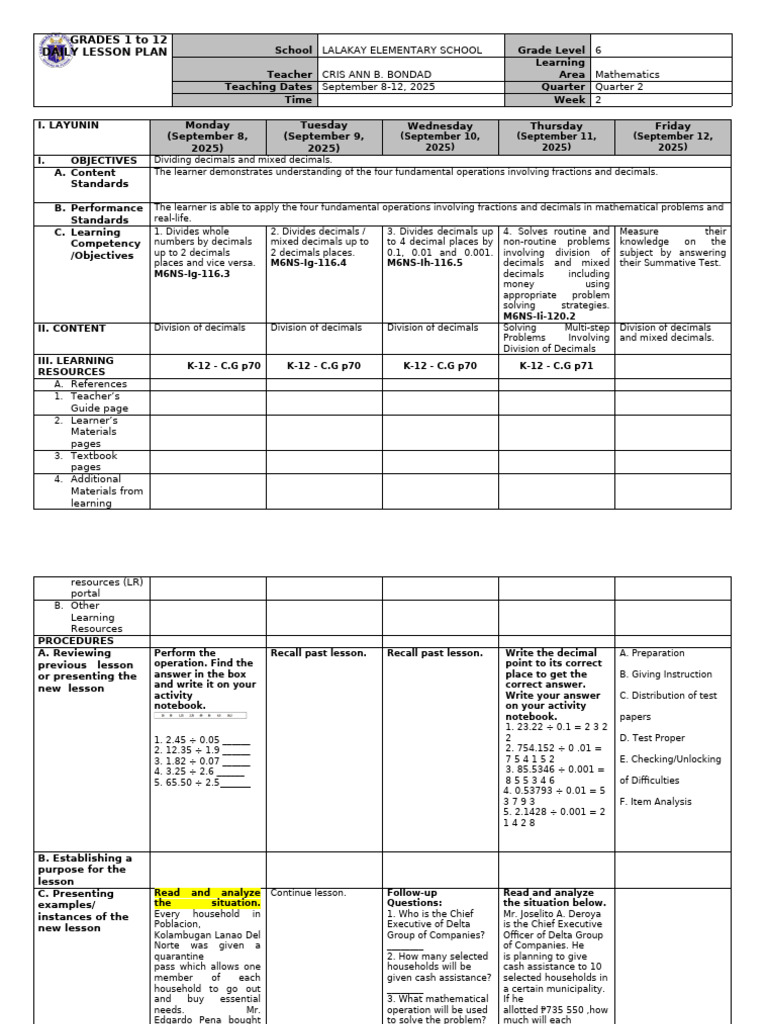 DLL Math6 Q2 W2 2025-2026 | PDF | Division (Mathematics) | Numbers