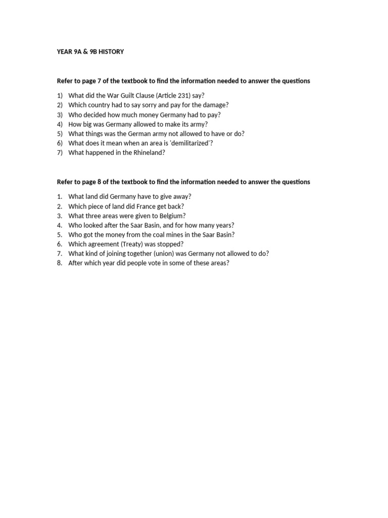 Year 9 History: Post-WWI Germany Terms | PDF
