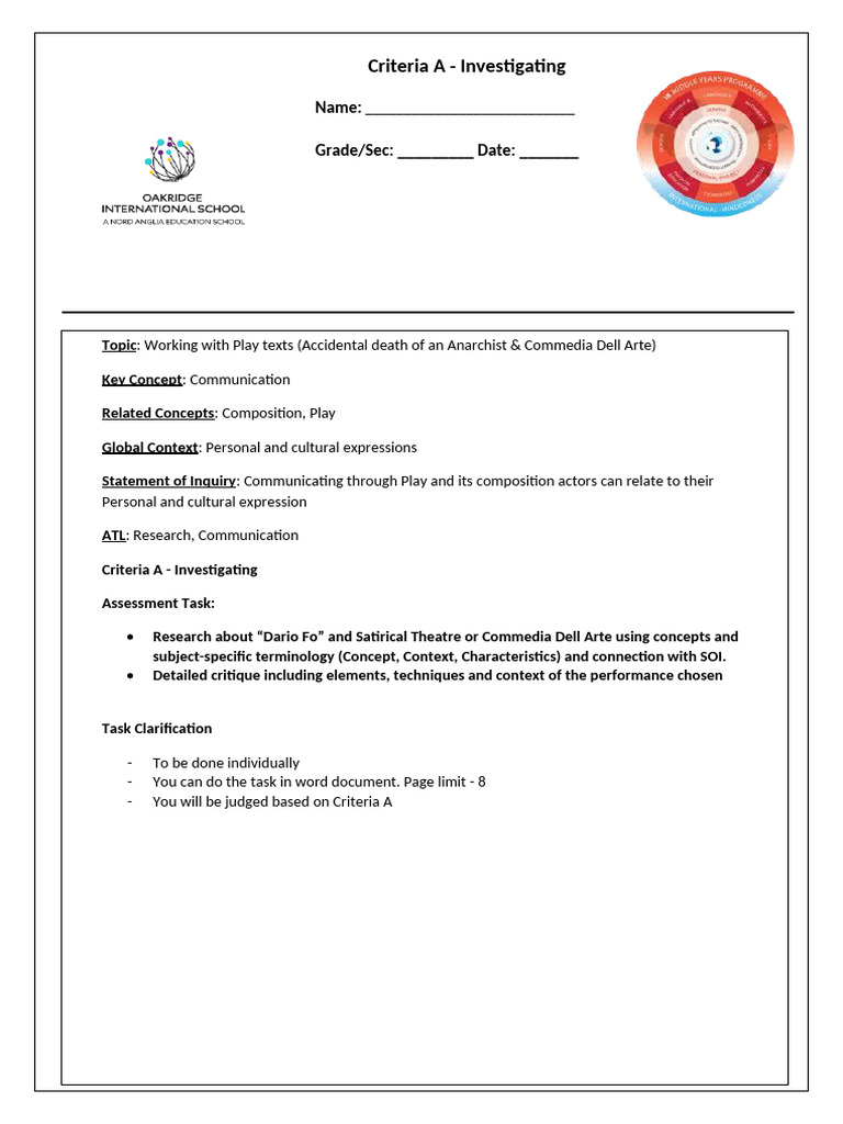 Sa 1 - Myp 4 Theatre Task | PDF