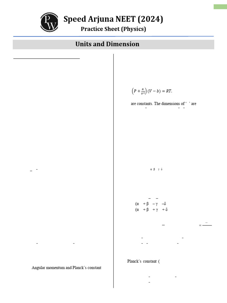 Units and Dimension: Practice Sheet - Arjuna NEET 2024 | PDF | Force | Volt