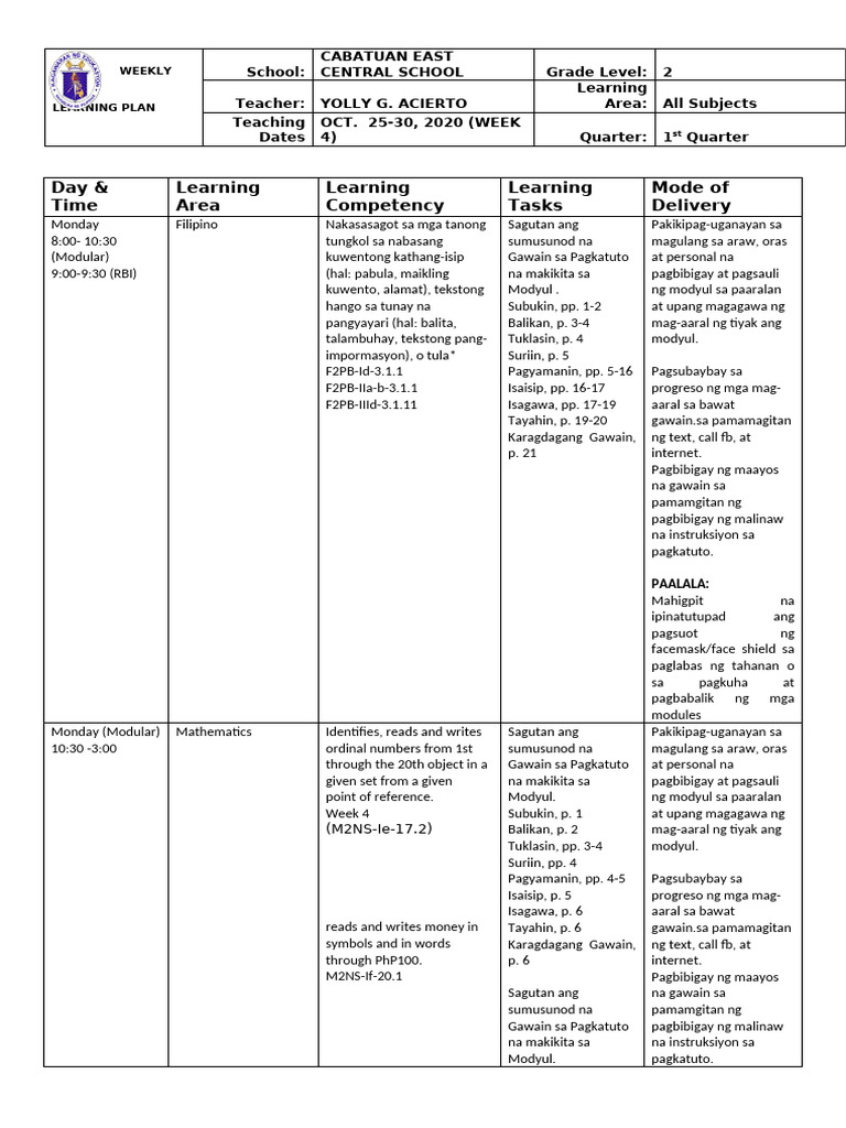 ALL SUBJ. Grade 2 Weekly Home Learning Plan For Modular 1st Quarter 3rd Week | PDF
